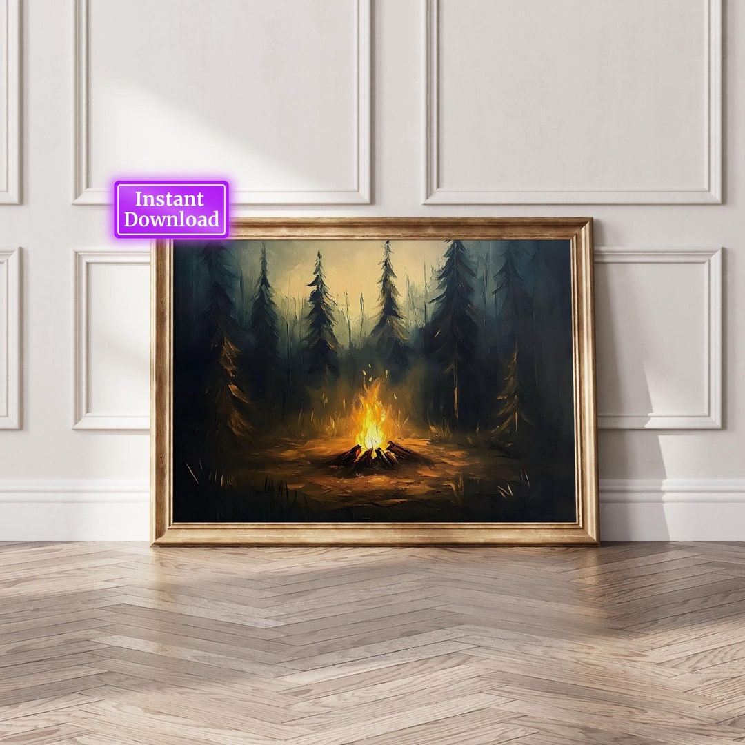 Rustic Campfire Oil Painting: Moody Forest Print (digital Download) - Etsy