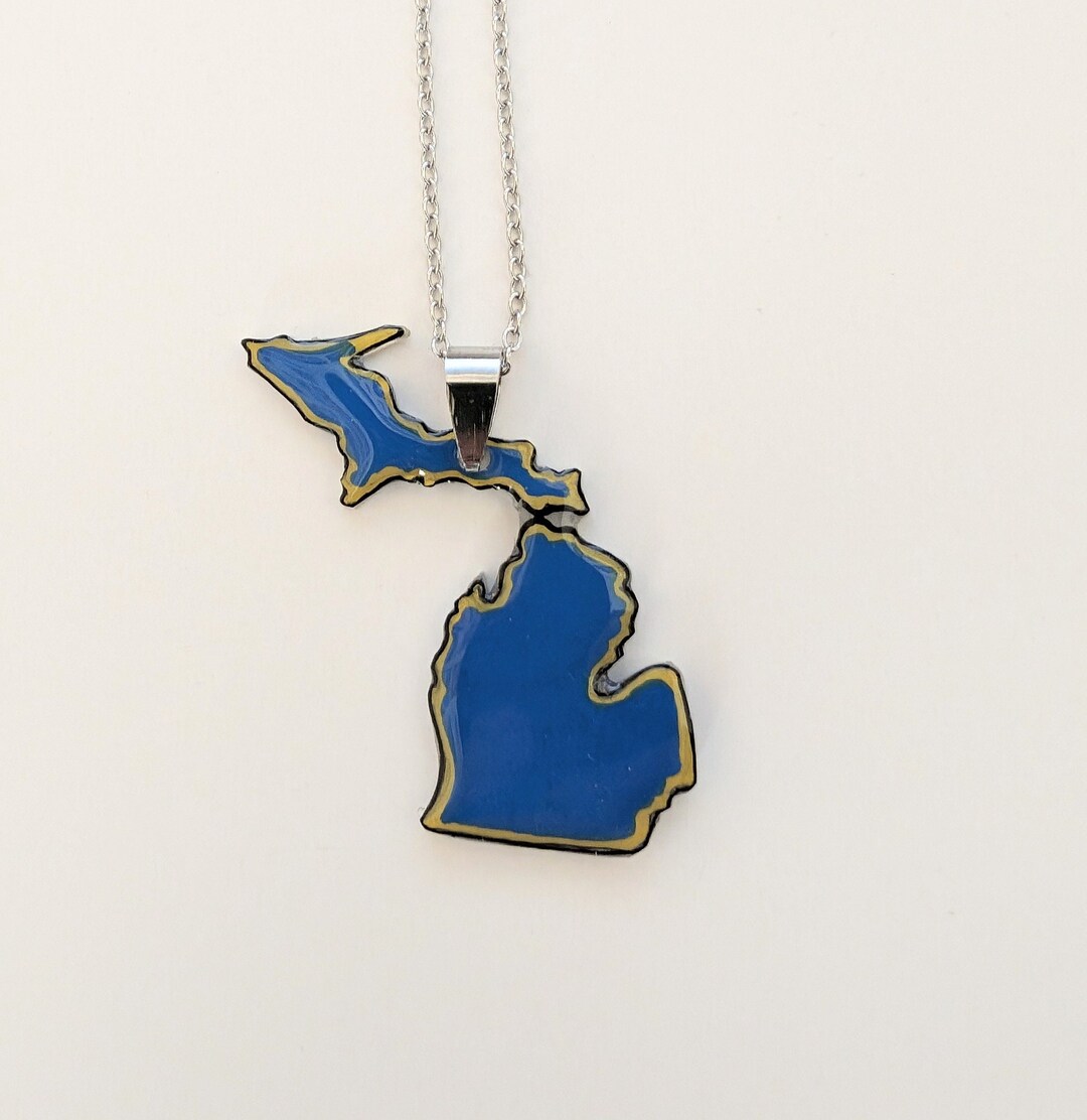 Michigan Pendant With Chain, Hand Drawn With Uofm Colors - Etsy