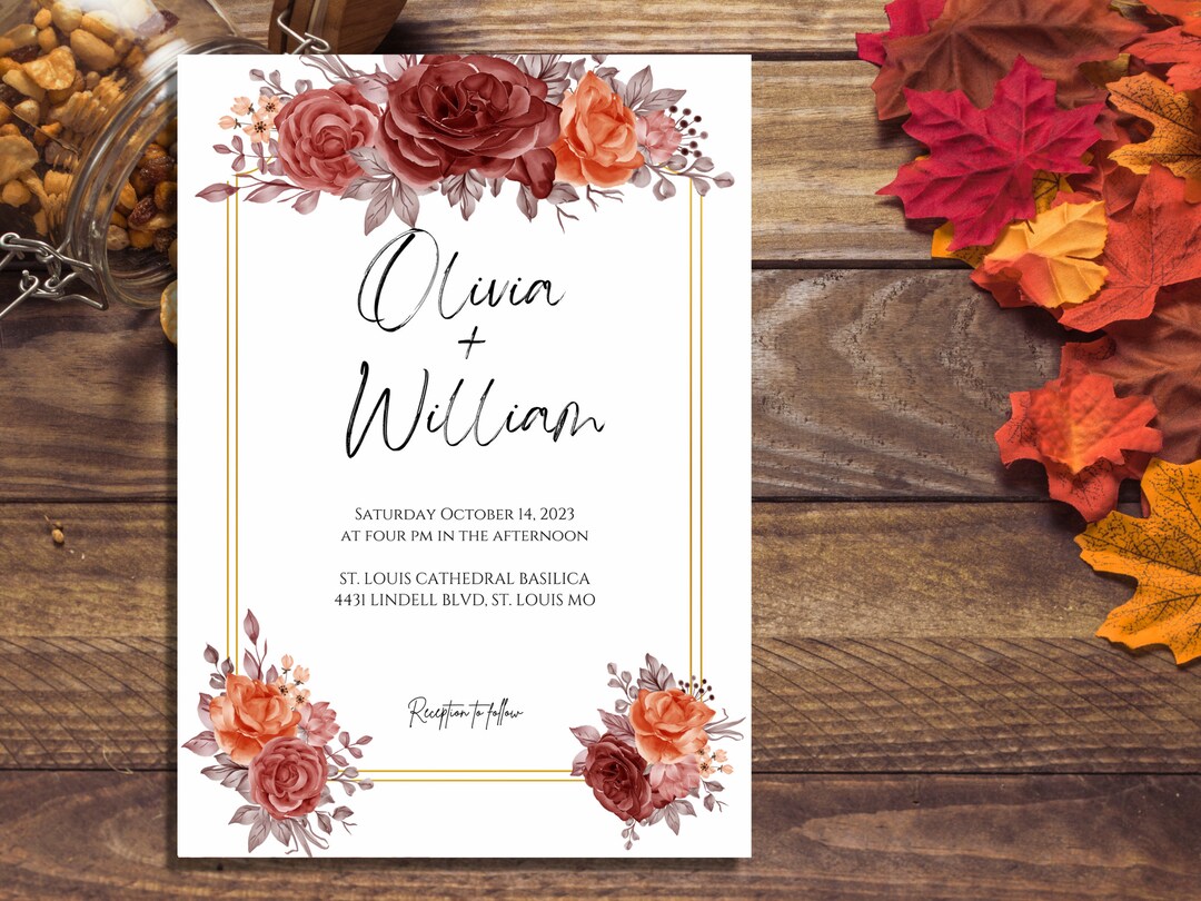 Olivia - Fall Floral Wedding Invitation Template, Fall Leaves, Autumn ...