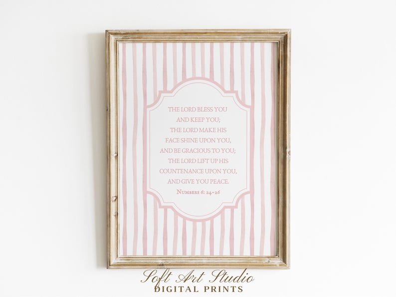 Pink Stripes Christian Nursery Print: the Lord Bless You, Coastal Bible ...