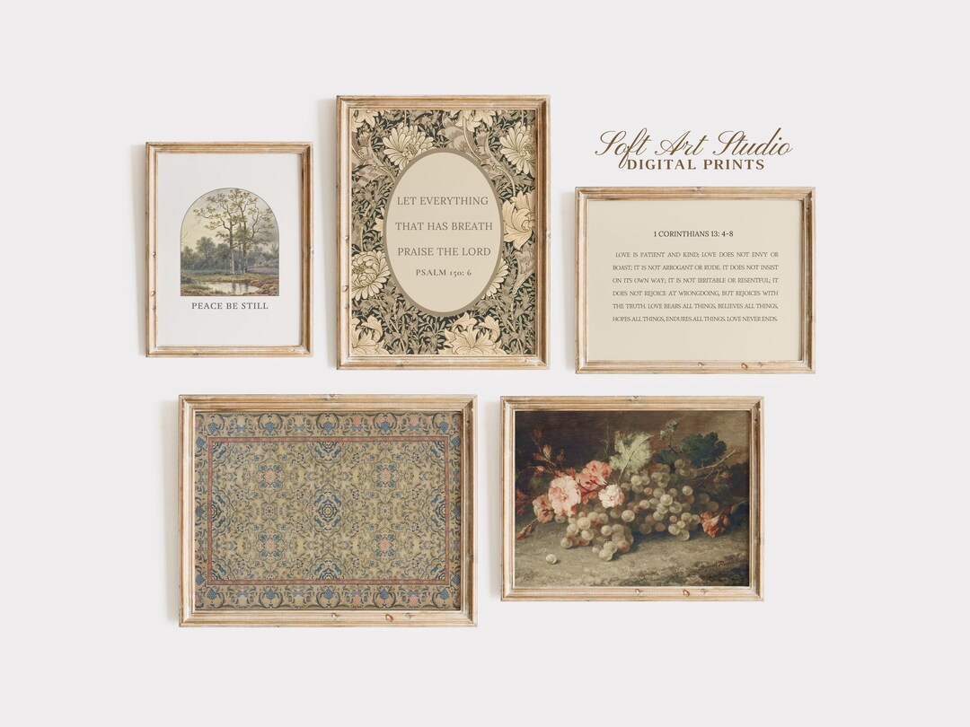 Christian Gallery Wall Set of 5 Bible Verse Vintage Prints Botanical ...