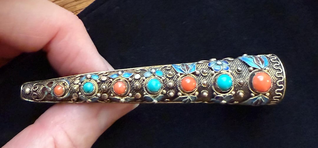 Antique Chinese Gilt Silver Finger Guard | Turquoise, Coral & Enamel ...