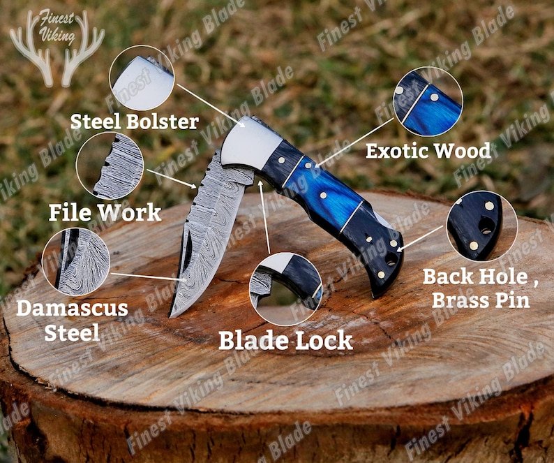 Handmade Damascus Pocket Knife: Pakka Wood Handle, Leather Sheath - Etsy