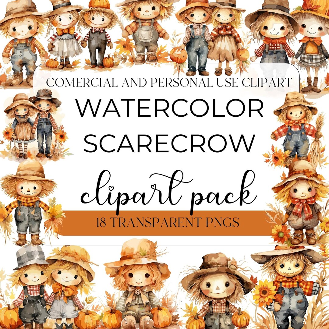 Autumn Mr. and Ms. Scarecrow Clipart, Watercolor Clipart, Fall Season ...
