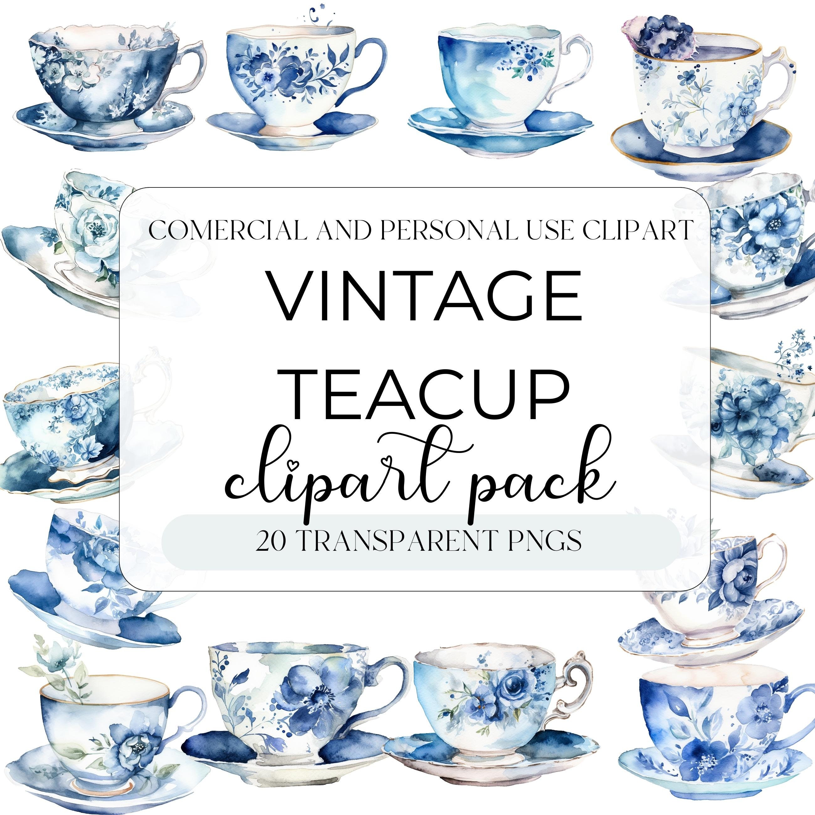 Watercolor Vintage Blue Teacup Clipart- Tea Time PNG Digital Image ...
