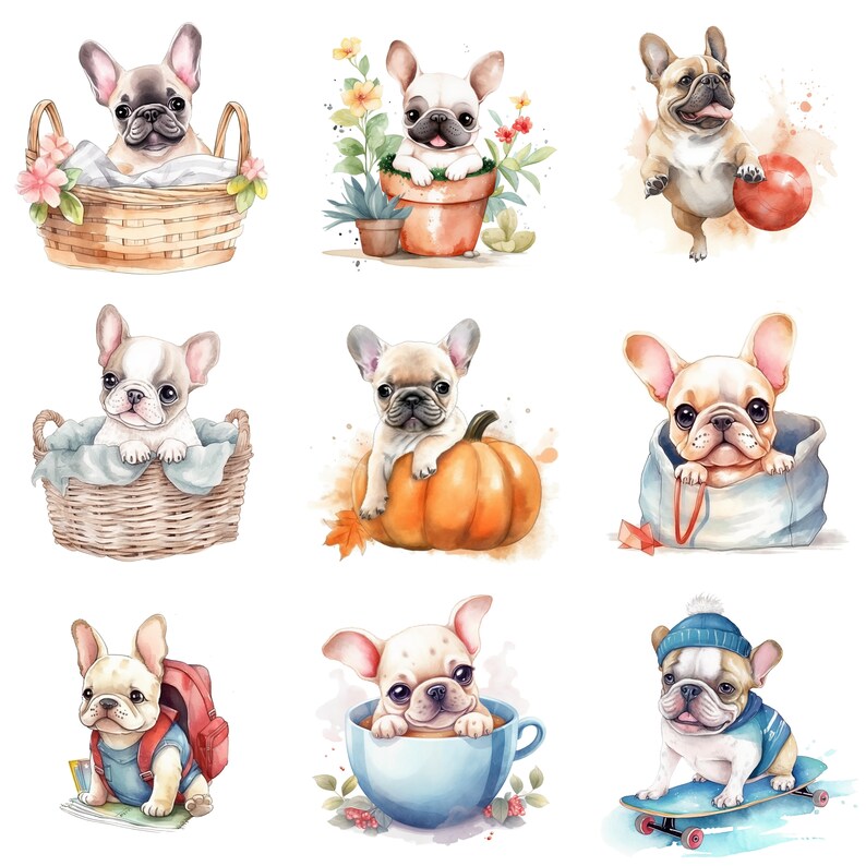 Watercolor French Bulldog Clipart Cute Frenchie Dogs and - Etsy