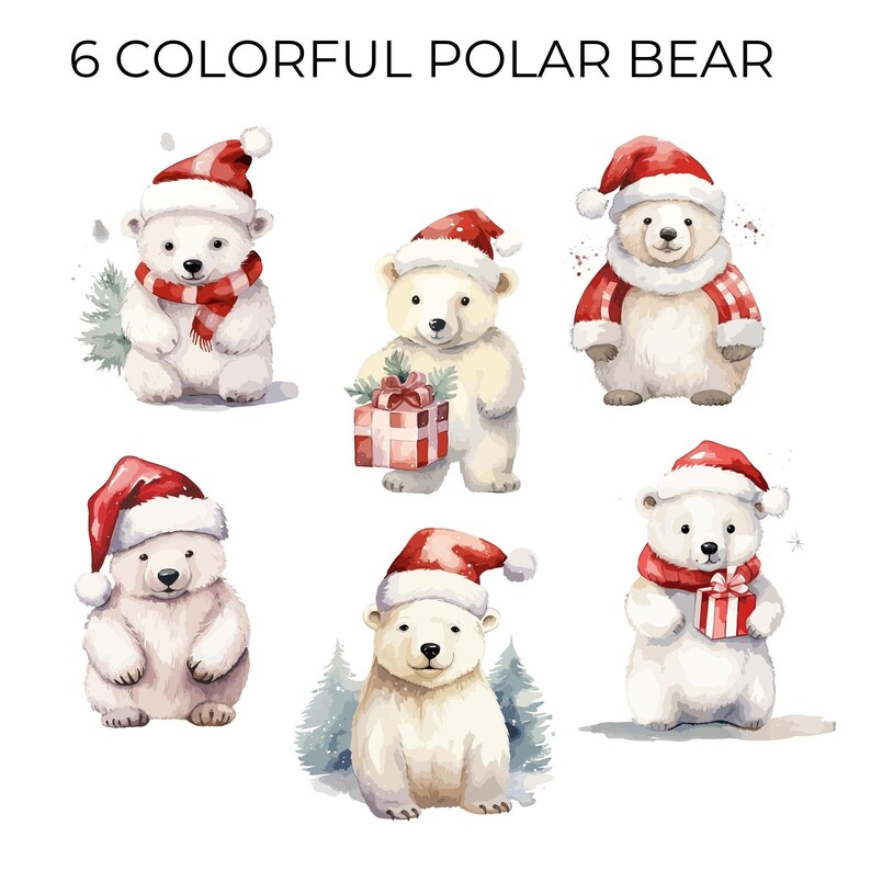 Polar Bear Watercolor Clipart Bundle, Christmas Watercolor PNG ...