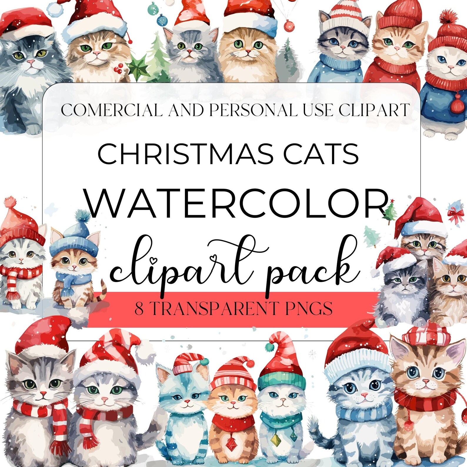 Christmas Cat Clipart, Winter Cat Clipart, Kitten PNG, Transparent ...