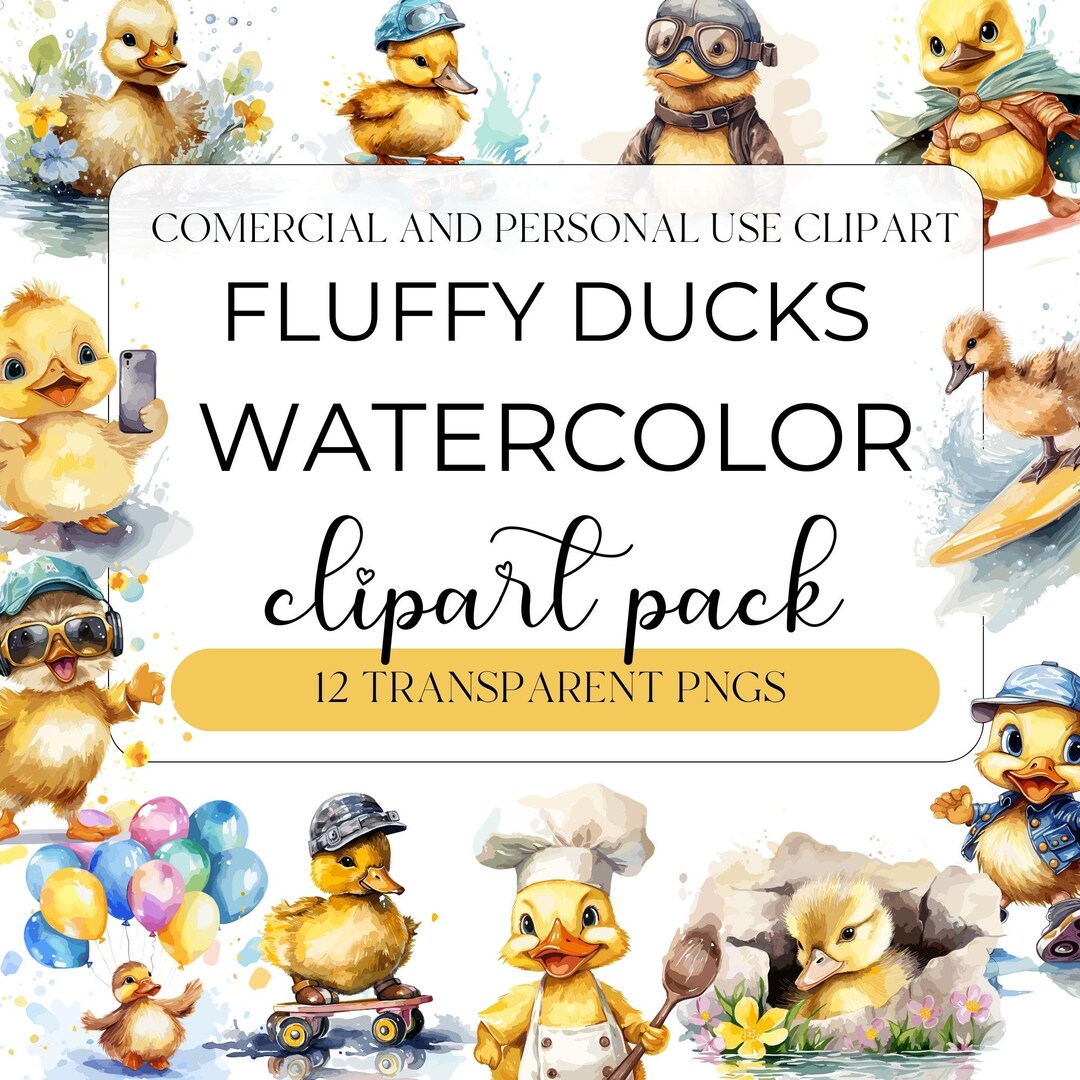 Watercolor Fluffy Duckling Clipart, 12 High Quality PNG, Digital ...
