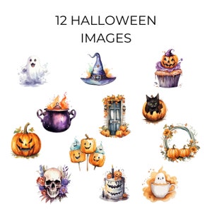 Halloween Clipart, Watercolor Pumpkin, Witch Hat, Cat, Ghost, Fall ...