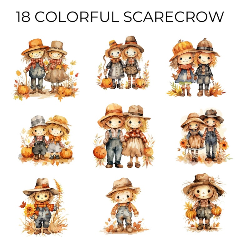 Autumn Mr. and Ms. Scarecrow Clipart, Watercolor Clipart, Fall Season ...