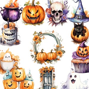 Halloween Clipart, Watercolor Pumpkin, Witch Hat, Cat, Ghost, Fall ...