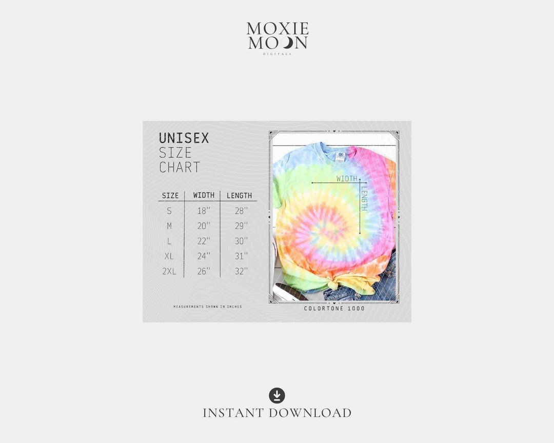 Colortone 1000 Size Chart, Tie Dye T-shirt Size Chart, Colortone Mockup ...