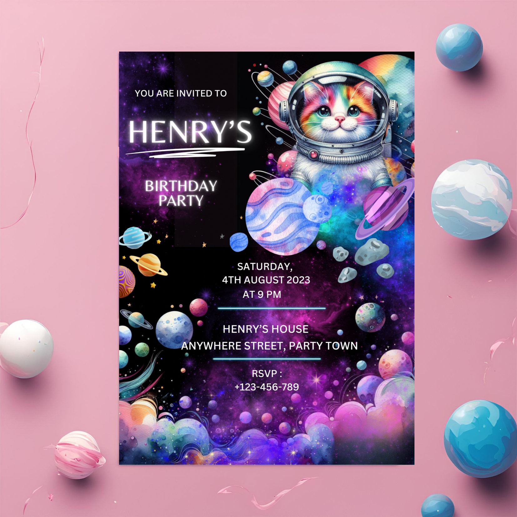 Outer Space Cat Birthday Invitation Template, Planets Astronaut Cat ...