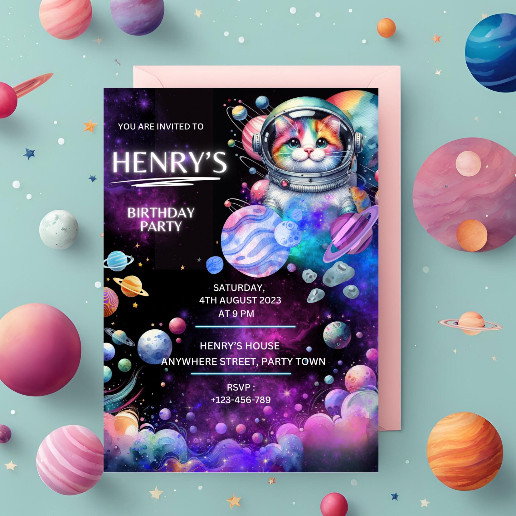 Outer Space Cat Birthday Invitation Template, Planets Astronaut Cat ...