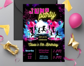 Neon Jump Birthday Party Invitation - Let's Jump Birthday Party - Glow ...