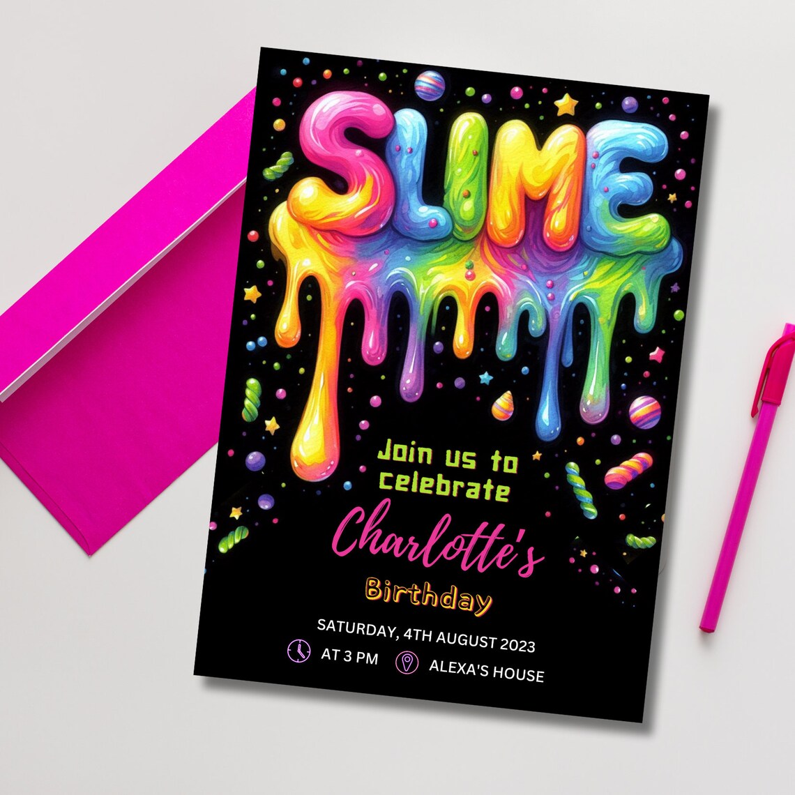 Editable Slime Party Birthday Invitation Template, Slime Party Custom ...
