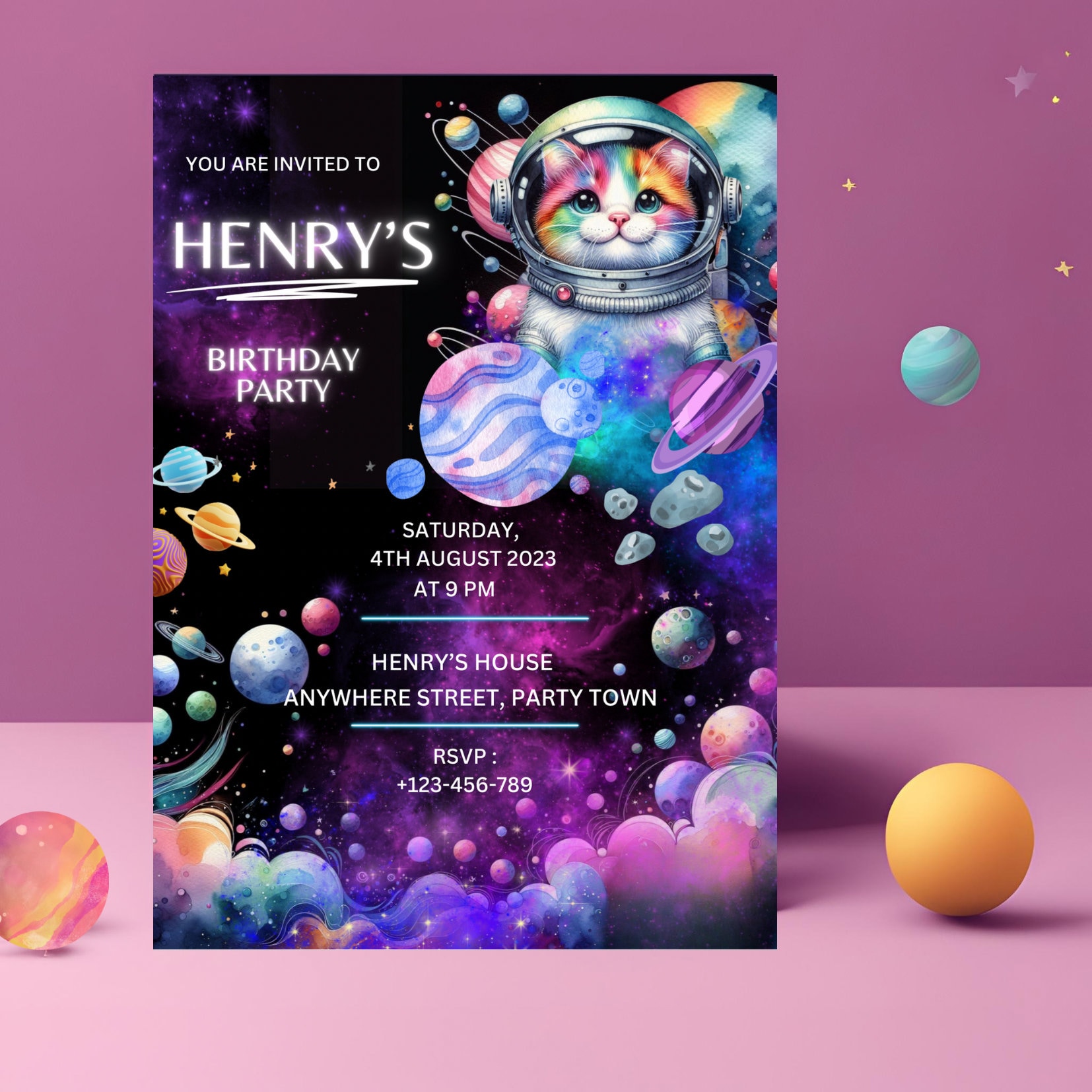 Outer Space Cat Birthday Invitation Template, Planets Astronaut Cat ...