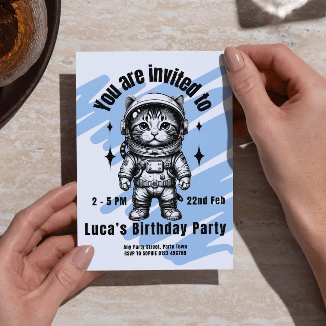 Outer Space Cat Birthday Invitation Template, Planets Astronaut Cat ...