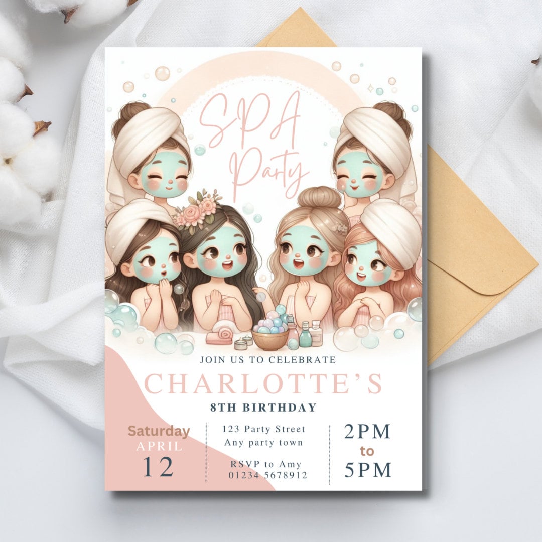 Spa Party Birthday Invitation Template Printable, Pamper Party Birthday ...
