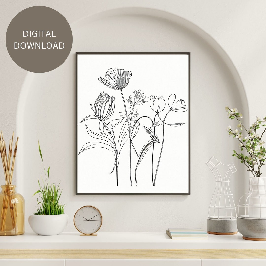 Fine Line Flower Print, Flower Line Art, Black and White Art, Printable ...