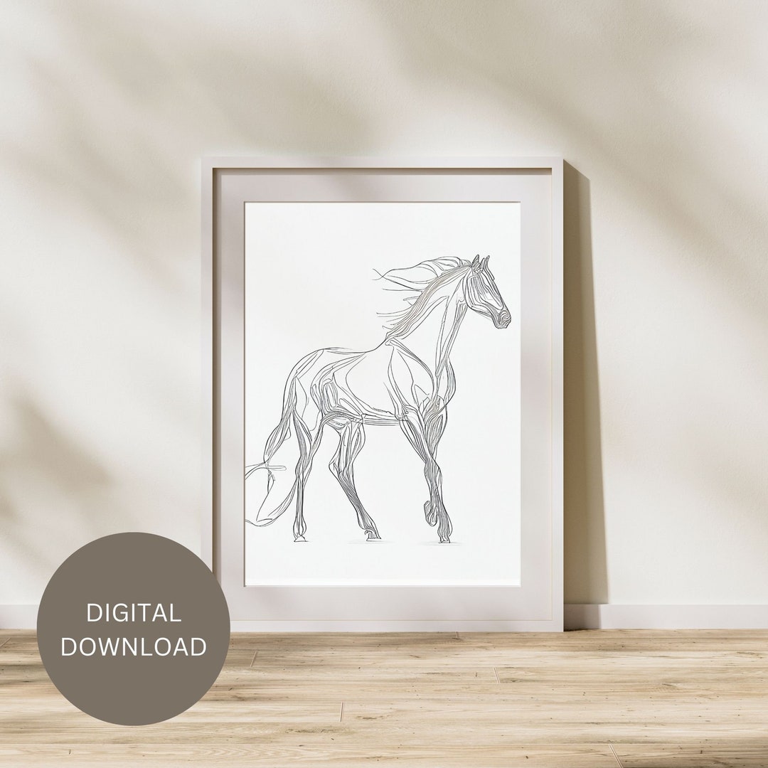 Fine Line Horse Print, Horse Line Art, Black and White Art, Printable ...