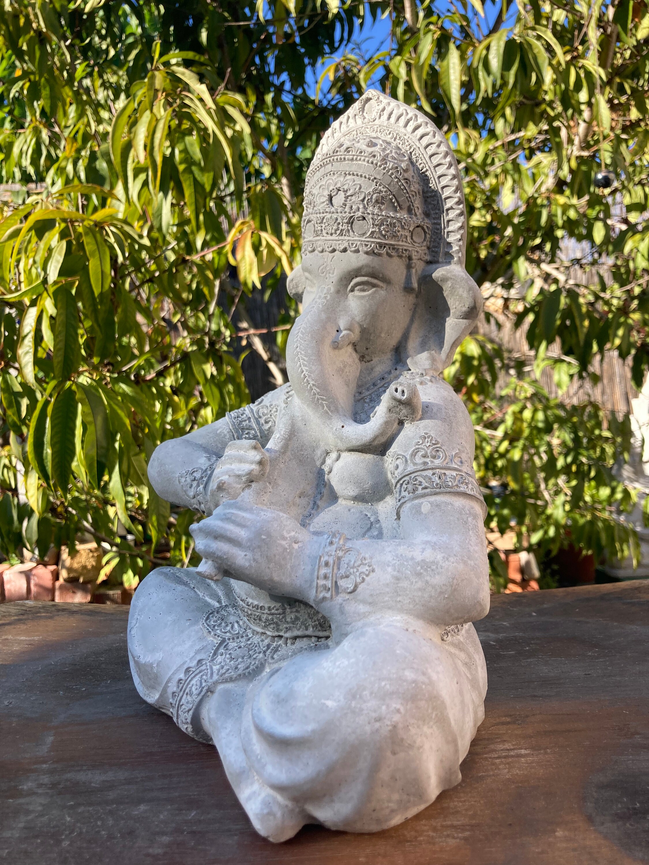 Ganesha With Flute Statue/ Concrete Natural, Spiritual Yoga Meditation ...
