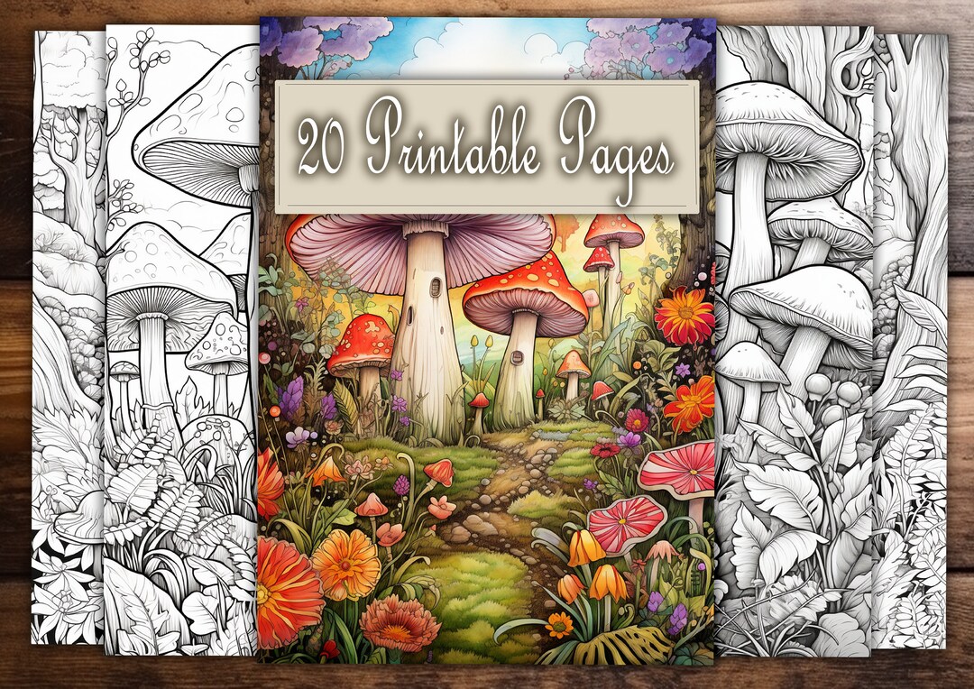 Mushroom Fantasy Coloring Book - 20 Adults and Kids Printable Coloring ...