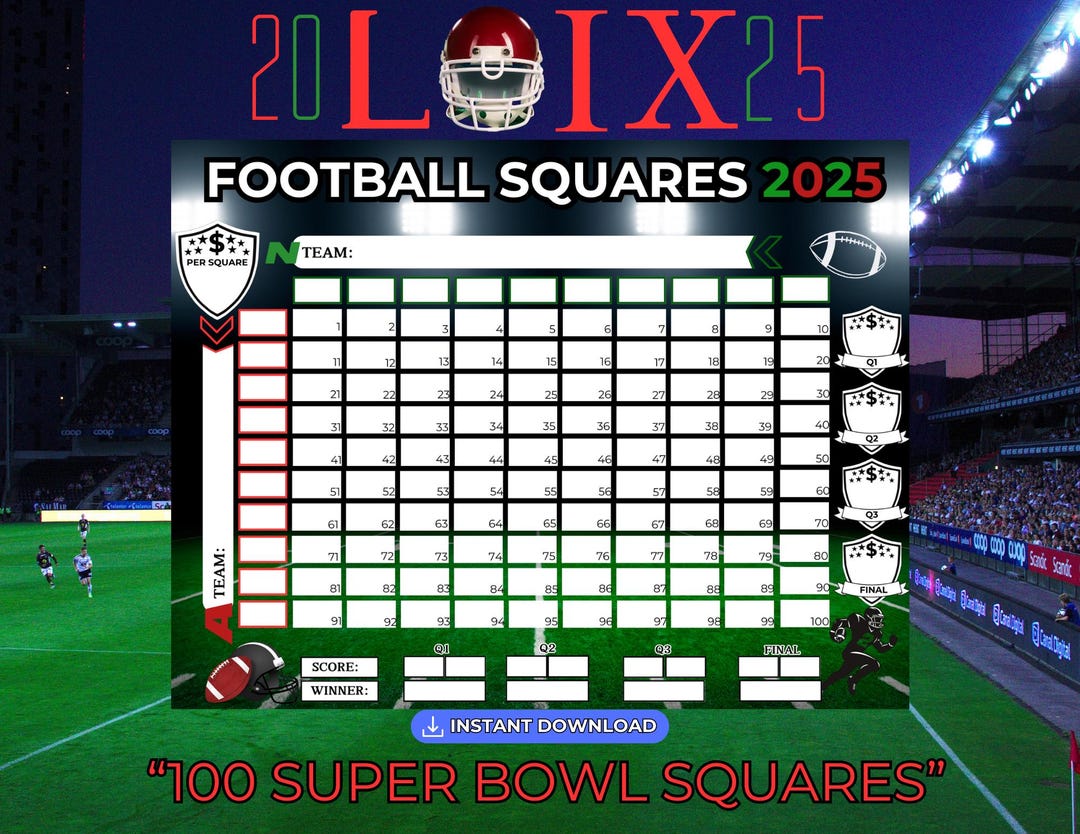 Football Squares Printable, Super Football Bowl Squares, Football ...