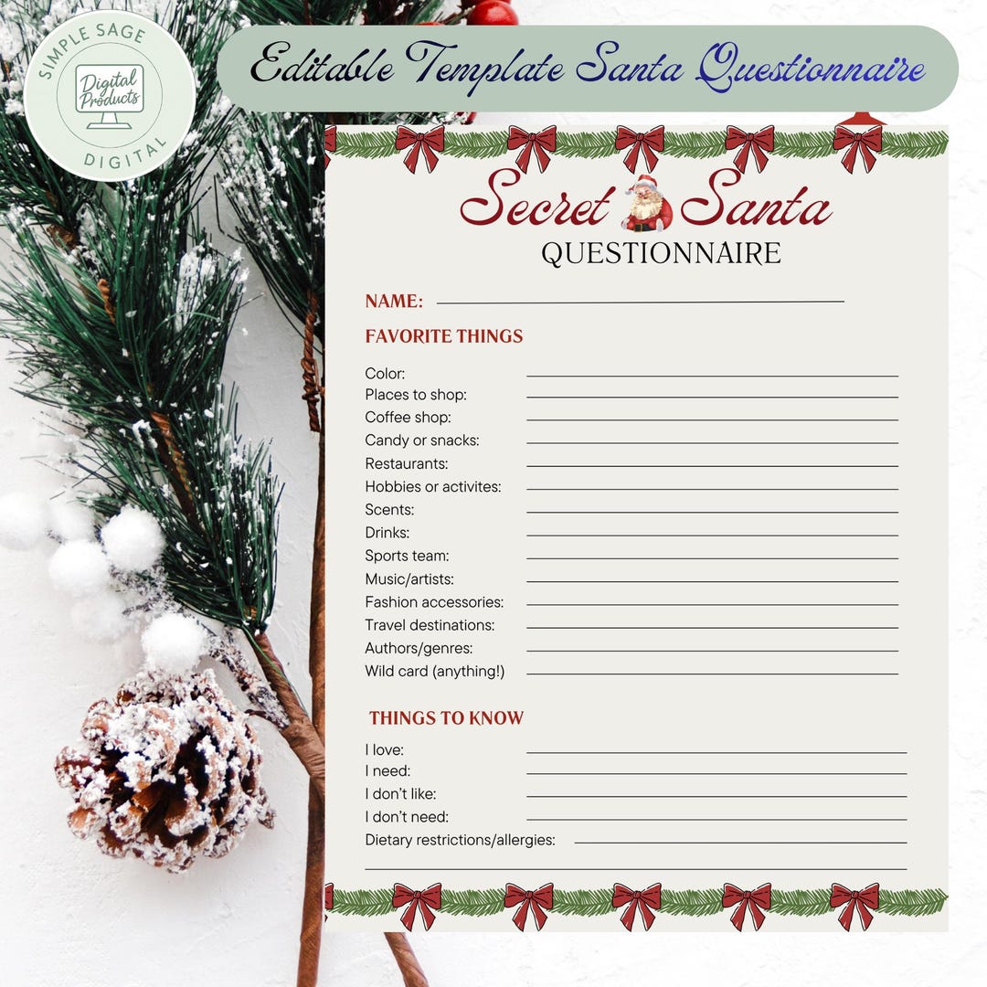 Printable Secret Santa Game | Christmas Party Questionnaire | Editable ...