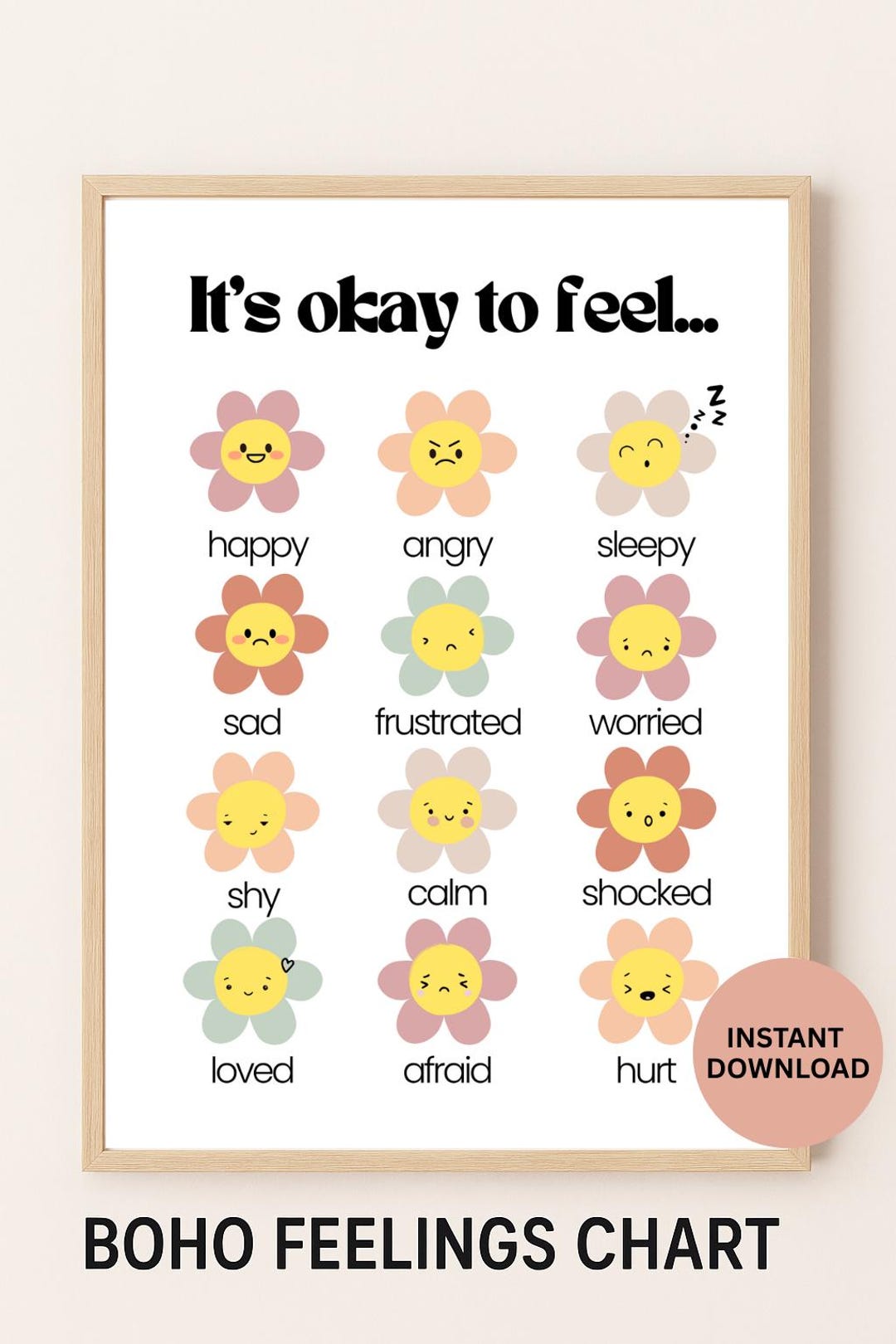 Boho Feelings Chart Printable | Kids Emotions Flower Poster (digital ...