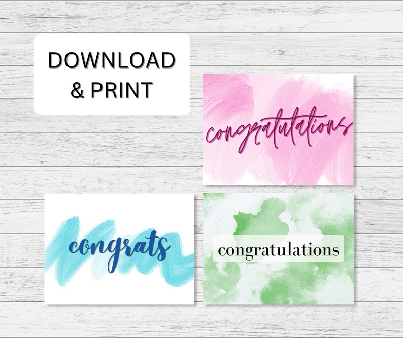 Set of 5 Printable Congratulations Card Bundle Minimalist Watercolor ...