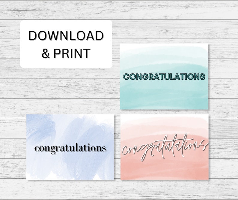 Set of 5 Printable Congratulations Card Bundle Minimalist Watercolor ...