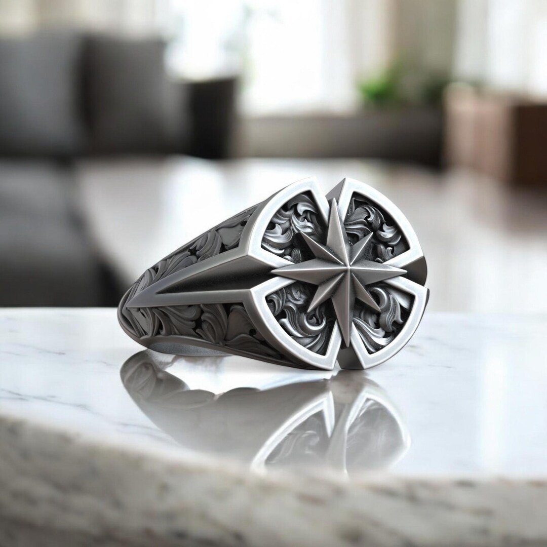 Windrose Star Compass Traveler Pattern 925 Sterling Silver Signet Ring ...