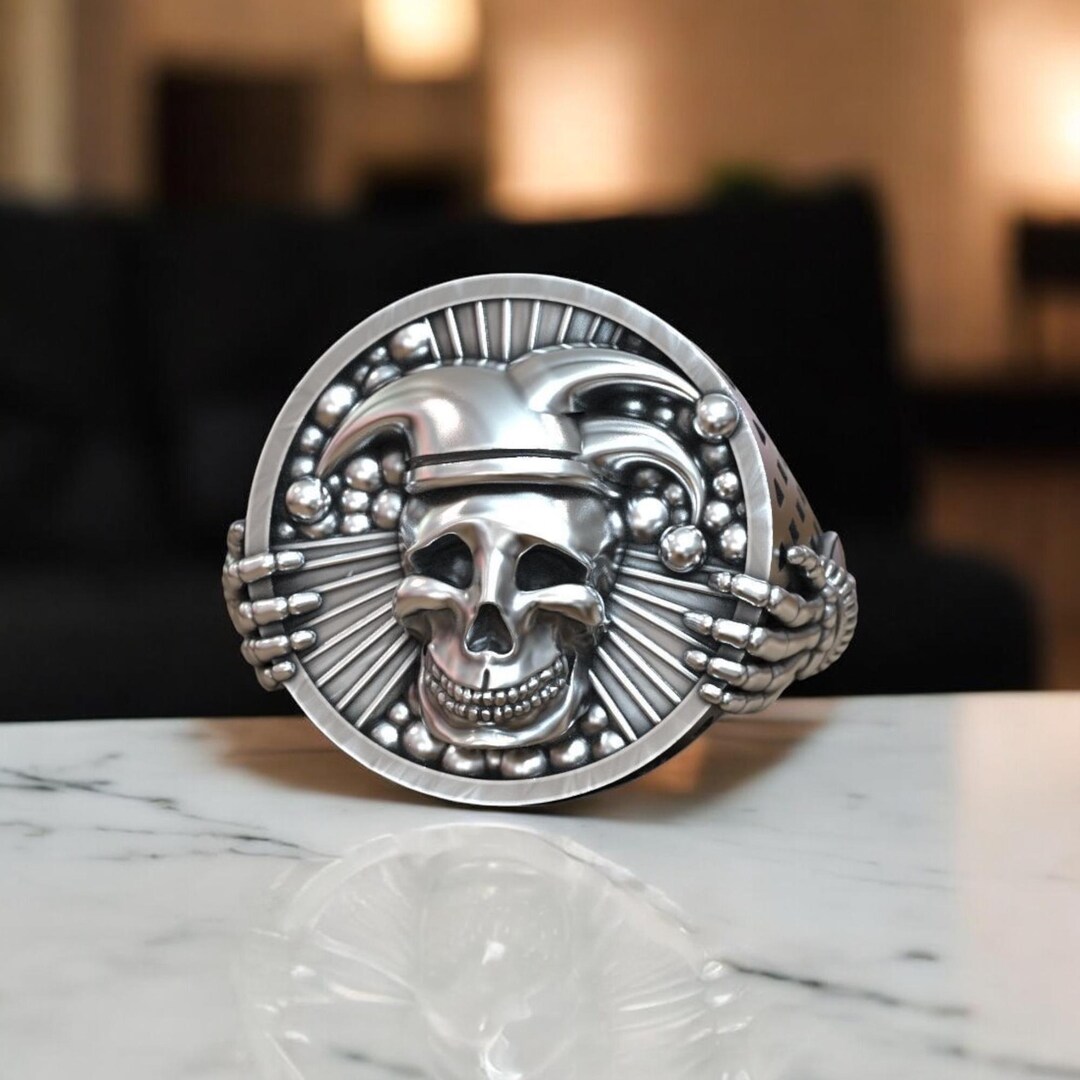 Jester Joker Clown Undead Skull Ring, Gothic Dark Humor Jewelry, 925 ...