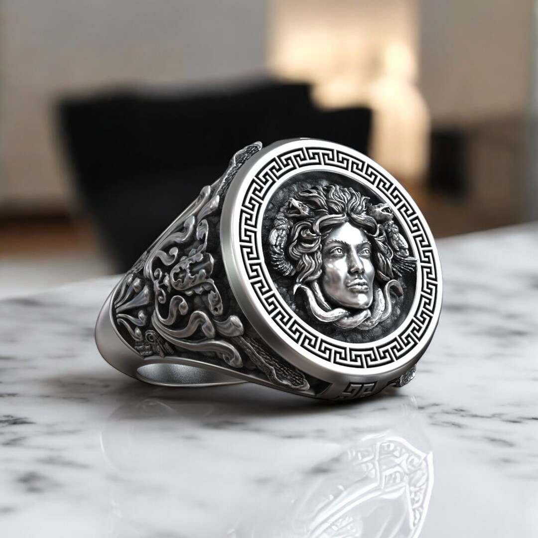 Medusa Gorgona Snake Head Greek Meander Pattern Signet Ring 925 ...