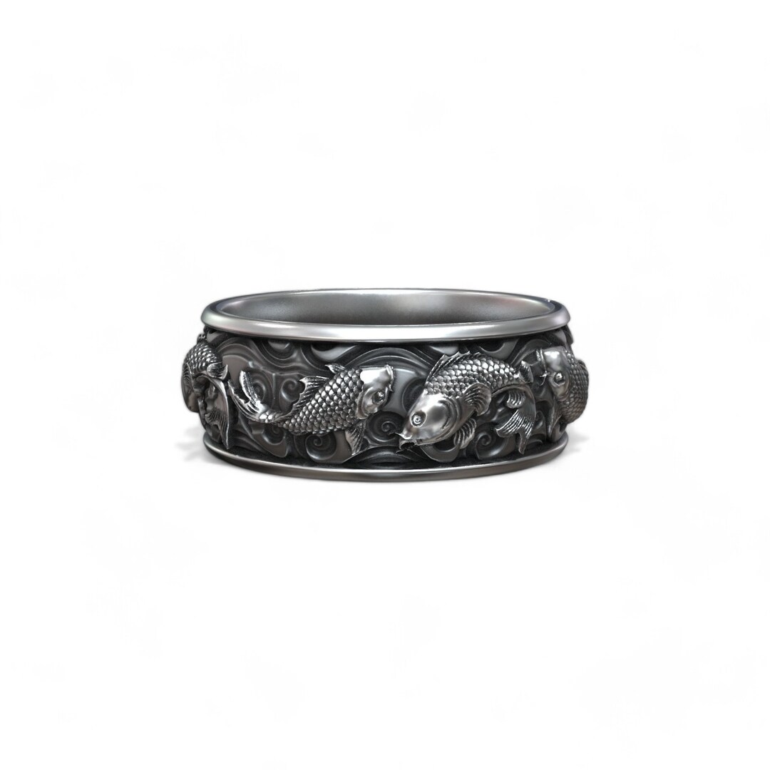 Carp Koi Fish Japanese Ornament Band 925 Sterling Silver Ring ...