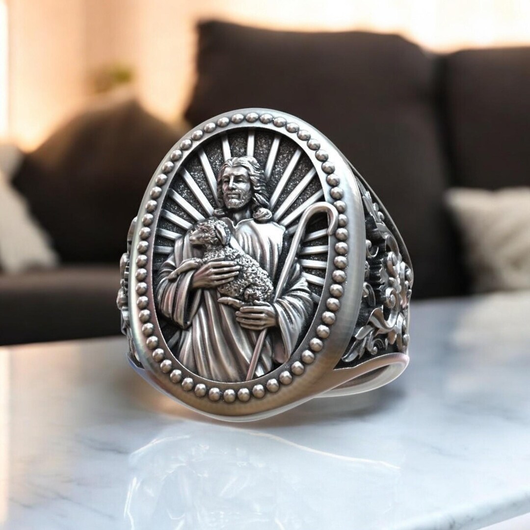 Jesus Christ Ring Holding a Lamb Sterling Silver Religious Jewelry ...