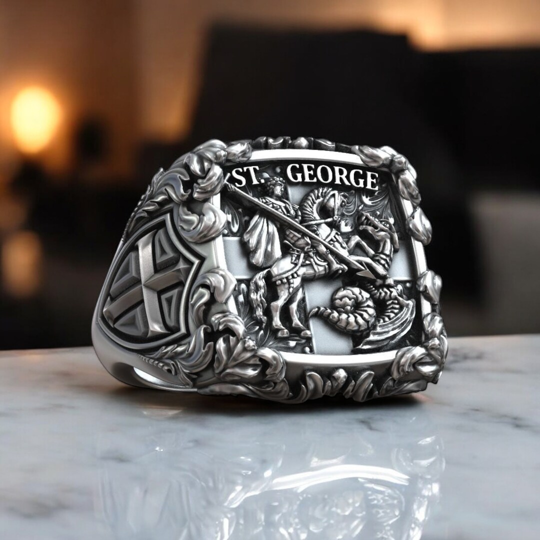 Saint George Knight Cross Christian Signet Ring 925 Sterling Silver ...