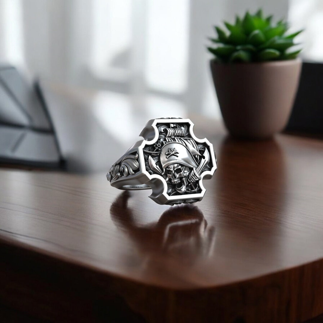 Pirate Skull Jolly Roger Cross Anchor Signet Ring 925 Sterling Silver ...