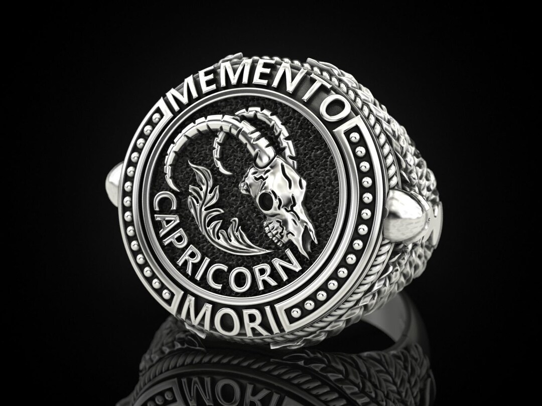 Capricorn Gothic Biker Ring for Men, Memento Mori Zodiac Signet Ring in Oxidized Silver, Goat ...