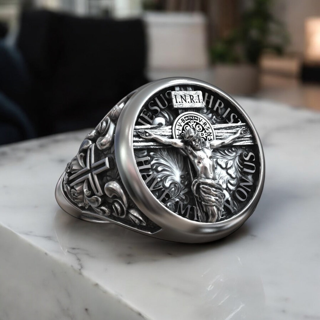 Jesus Christ Catholic Cross Crucifixion Signet Ring, Christian Jewelry ...
