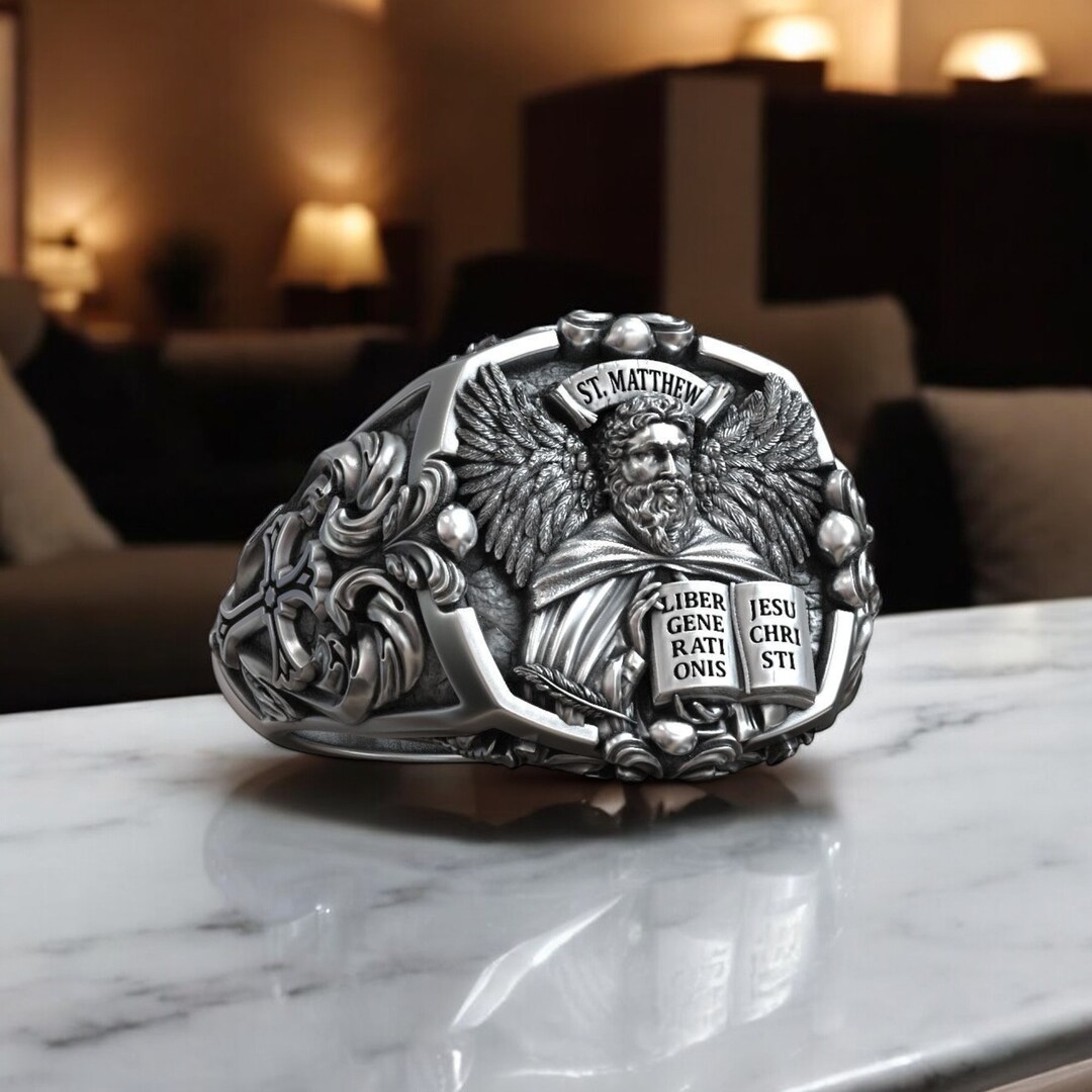 Saint Matthew Apostle Evangelist Christian Cross Signet Ring, Religious ...
