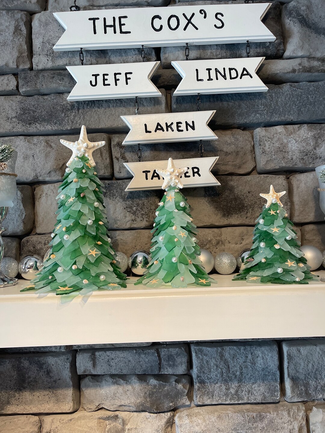 FREE SHIPPING Green & White Sea Glass Trees 6 8 10 12 14 Coastal Art ...