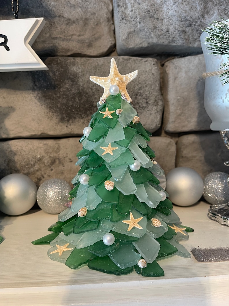 FREE SHIPPING Green & White Sea Glass Trees 6 8 10 12 14 Coastal Art ...