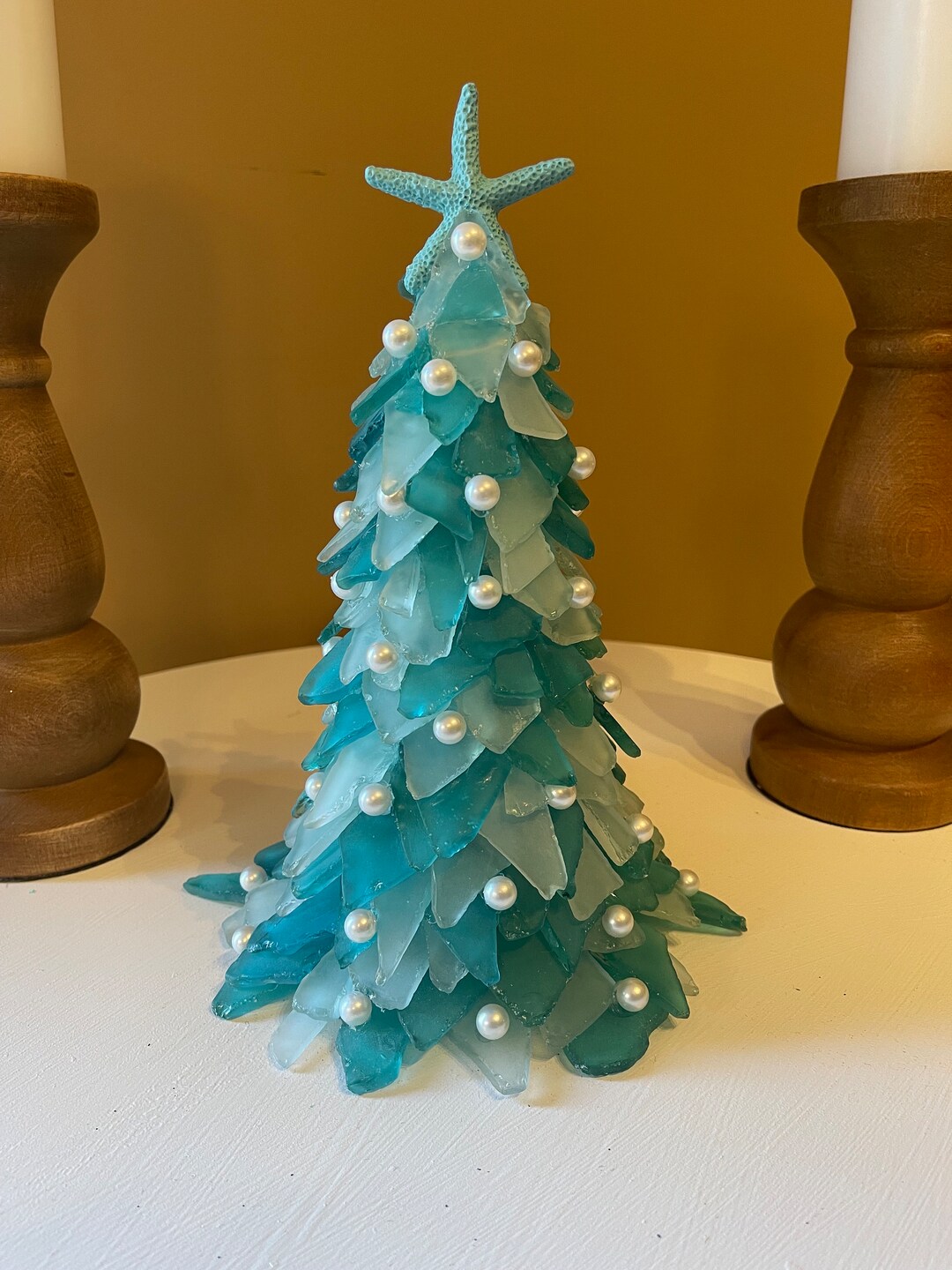 Sea Glass Christmas Tree With Starfish, Coastal Decor With Pearls ...