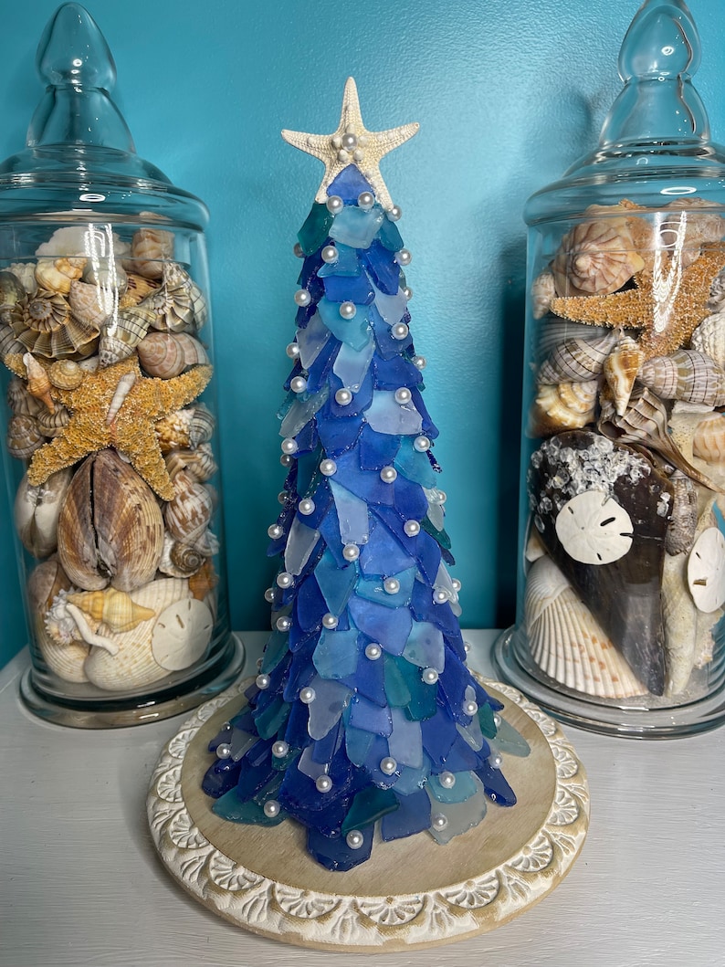Blue Sea Glass Christmas Tree With Lights & Pearls, Coastal Decor, FREE ...