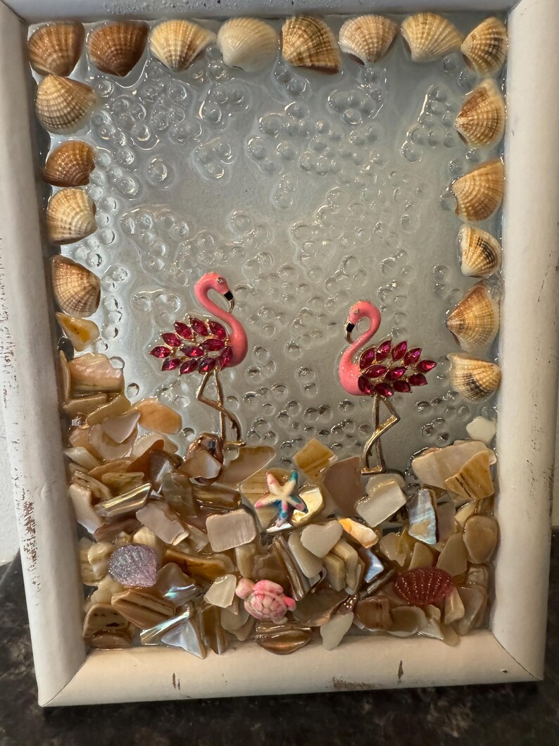 Pink Flamingo Resin Art Photo Frame: Coastal Sea Glass Decoration - Etsy