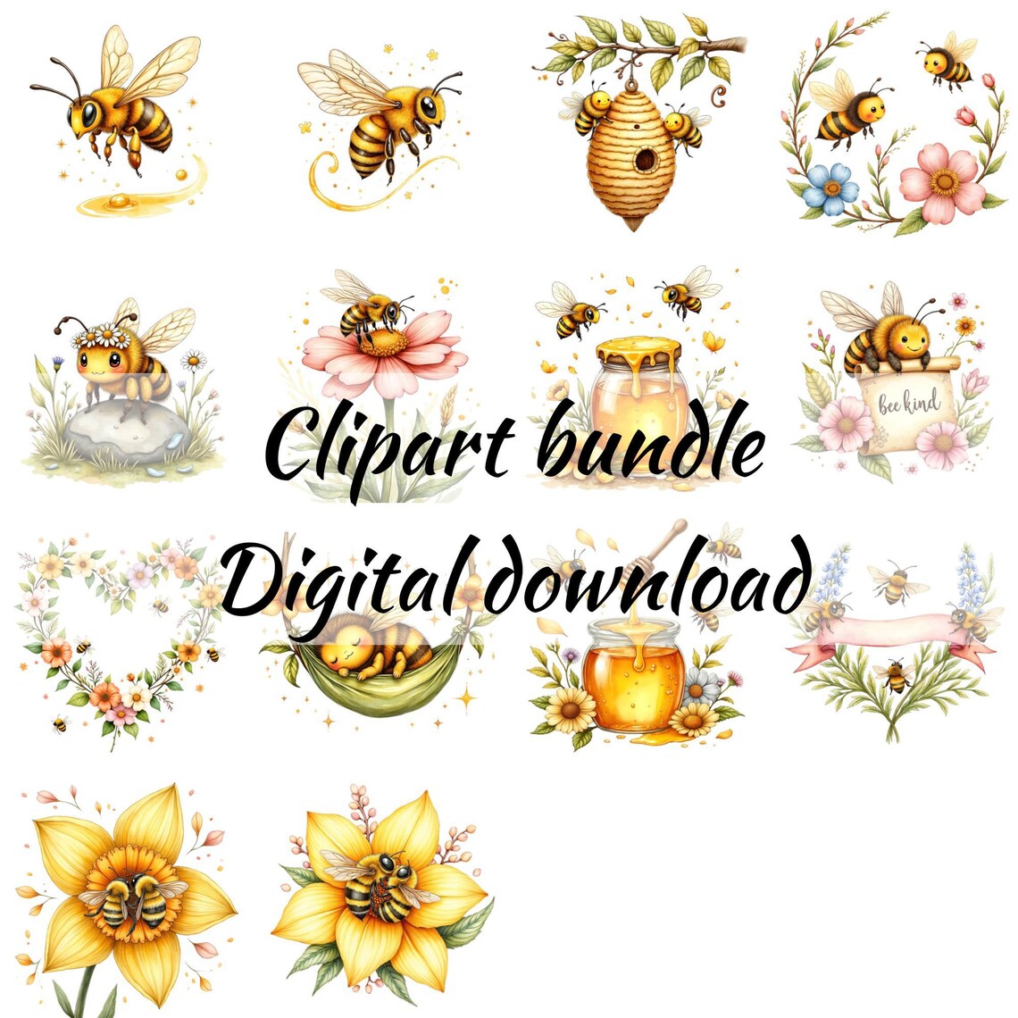 Cute Bee Clipart Bundle | Honey Bee & Floral PNG Set | Watercolor ...