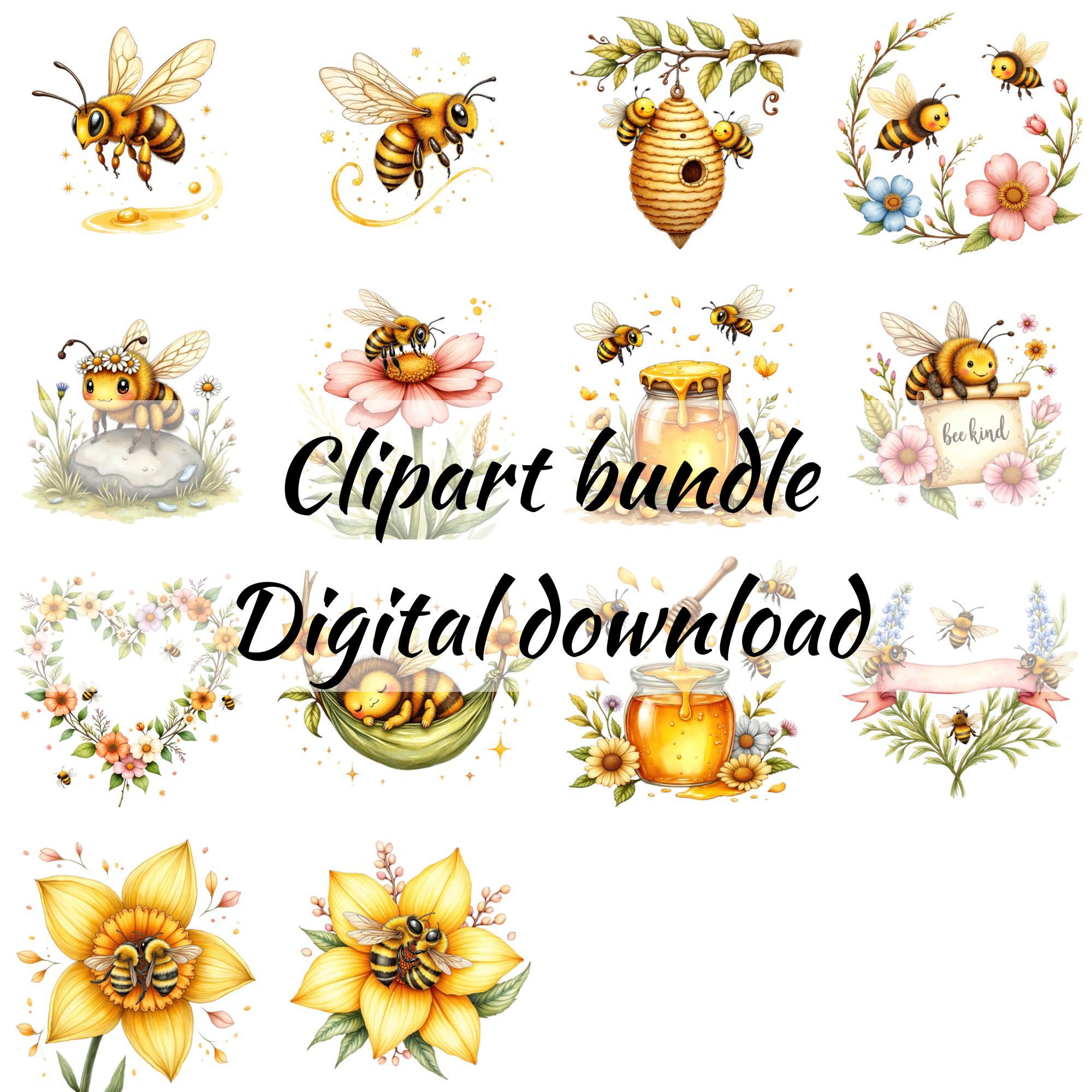 Cute Bee Clipart Bundle | Honey Bee & Floral PNG Set | Watercolor ...